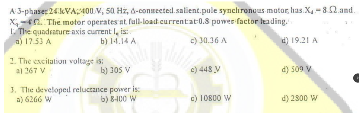 Solved A 3-phaser: 24KVA 400 V, 50 Hz, 4-connected.salient | Chegg.com