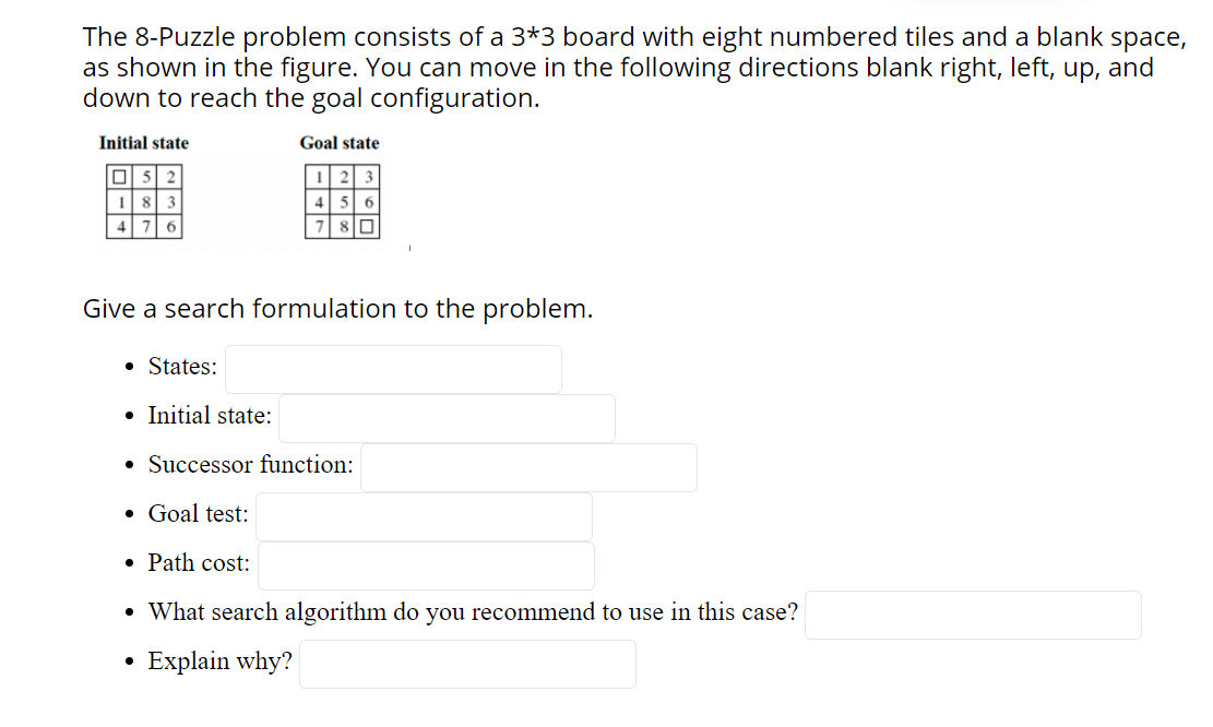 Solved The 8-Puzzle problem consists of a 3*3 board with | Chegg.com