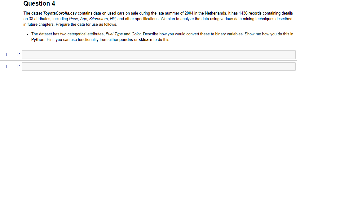 Solved The datset ToyotaCorolla.csv contains data on used | Chegg.com