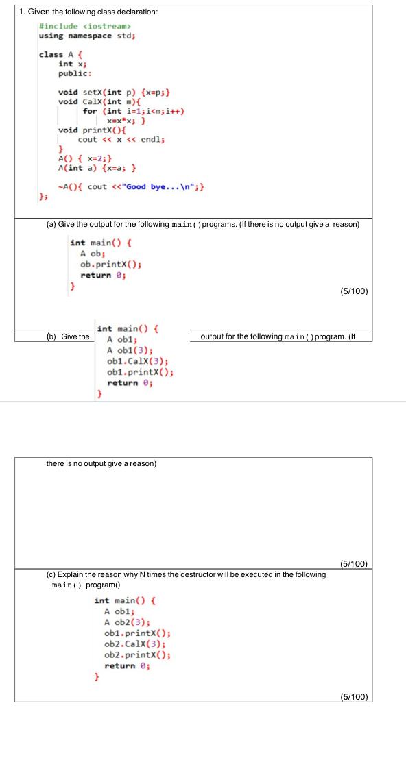 Solved 1. Given the following class declaration: #include | Chegg.com