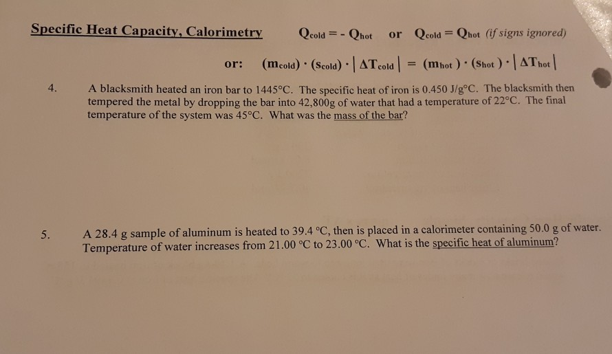 Solved Specific Heat Capacity, Calorimet ry Qcold=-Qhot | Chegg.com