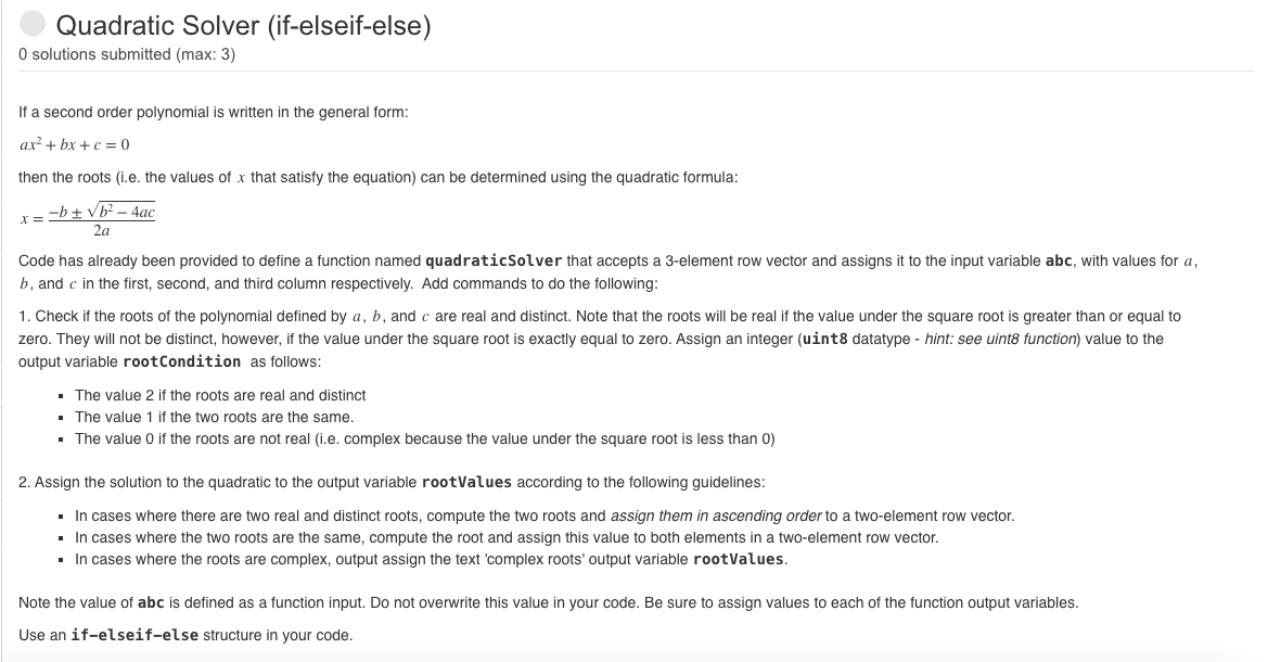 Solved Quadratic Solver (if-elseif-else) O solutions | Chegg.com