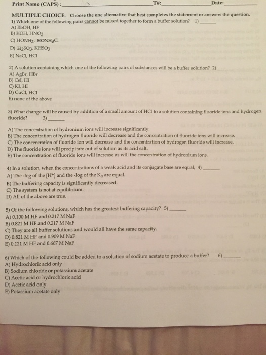 Solved Print Name (CAPS) : T#: Date: MULTIPLE CHOICE. Choose | Chegg.com