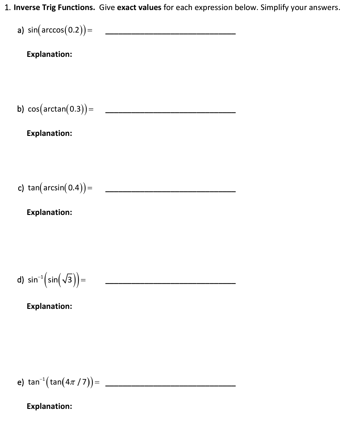 Solved Inverse Trig Functions. Give exact values for each | Chegg.com