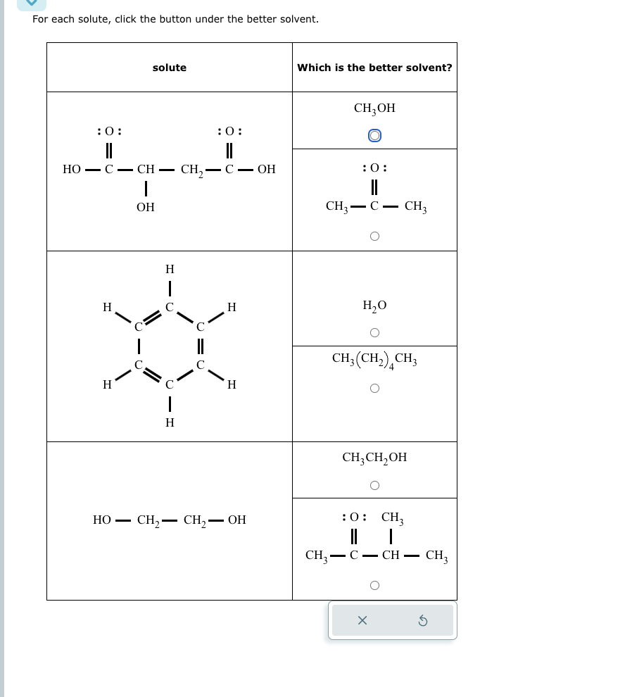 Solved For each solute, click the button under the better | Chegg.com