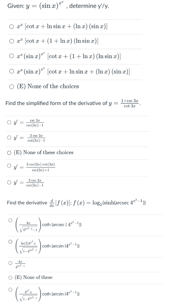 Solved Given: y=(sinx)xx, determine y′/y. | Chegg.com