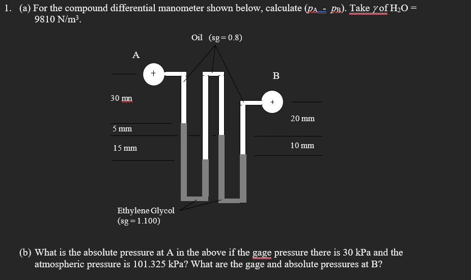 Solved 1. (a) For the compound differential manometer shown | Chegg.com