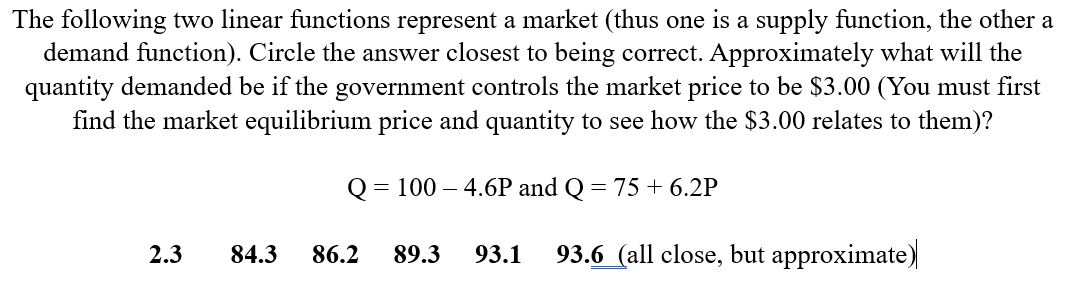 Solved The following two linear functions represent a market | Chegg.com