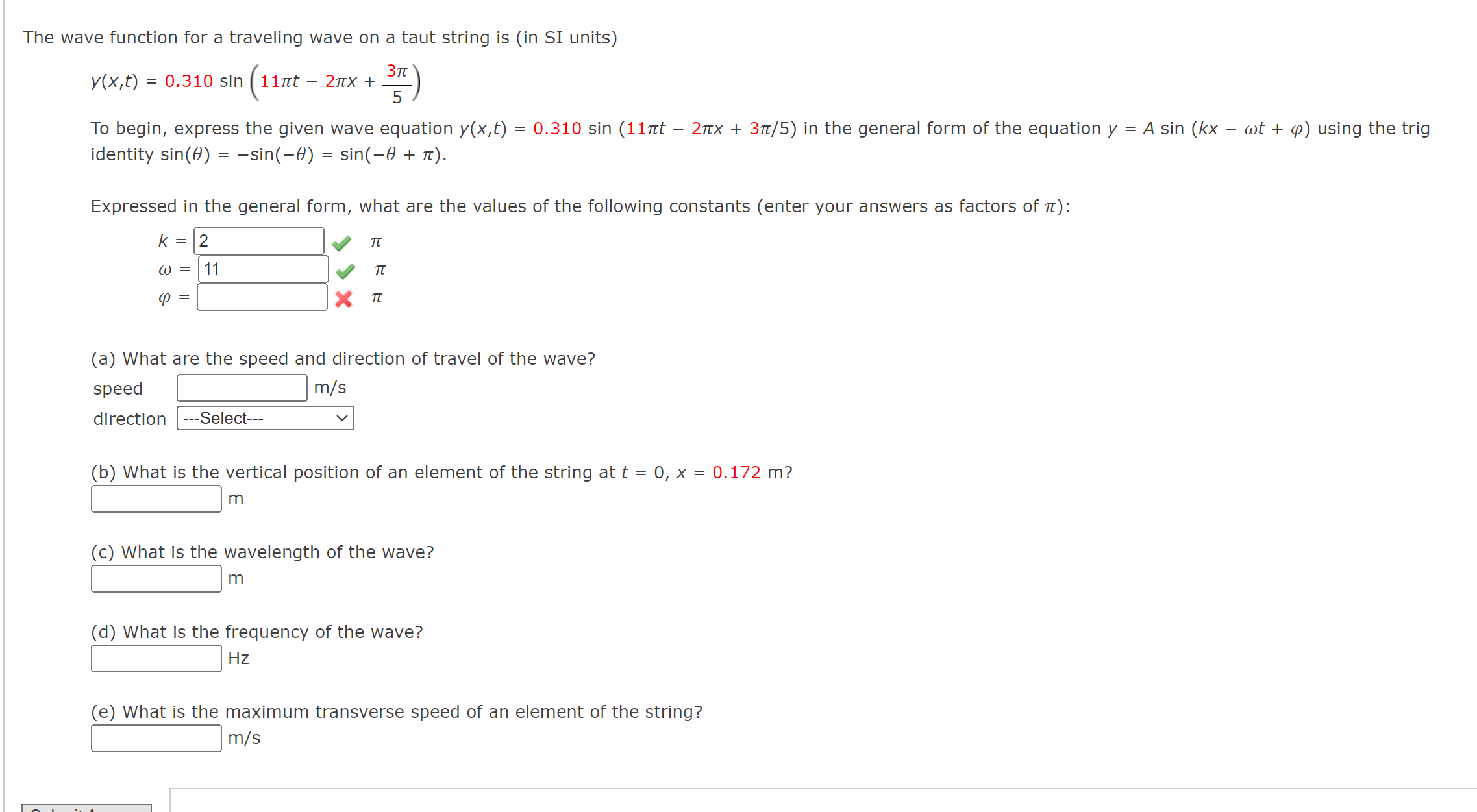Solved The wave function for a traveling wave on a taut | Chegg.com
