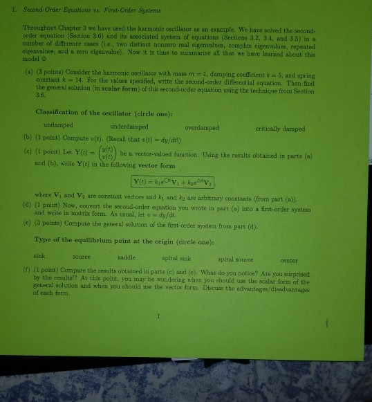 Solved 1. Second-Order Equations vs. First-Order Systems | Chegg.com