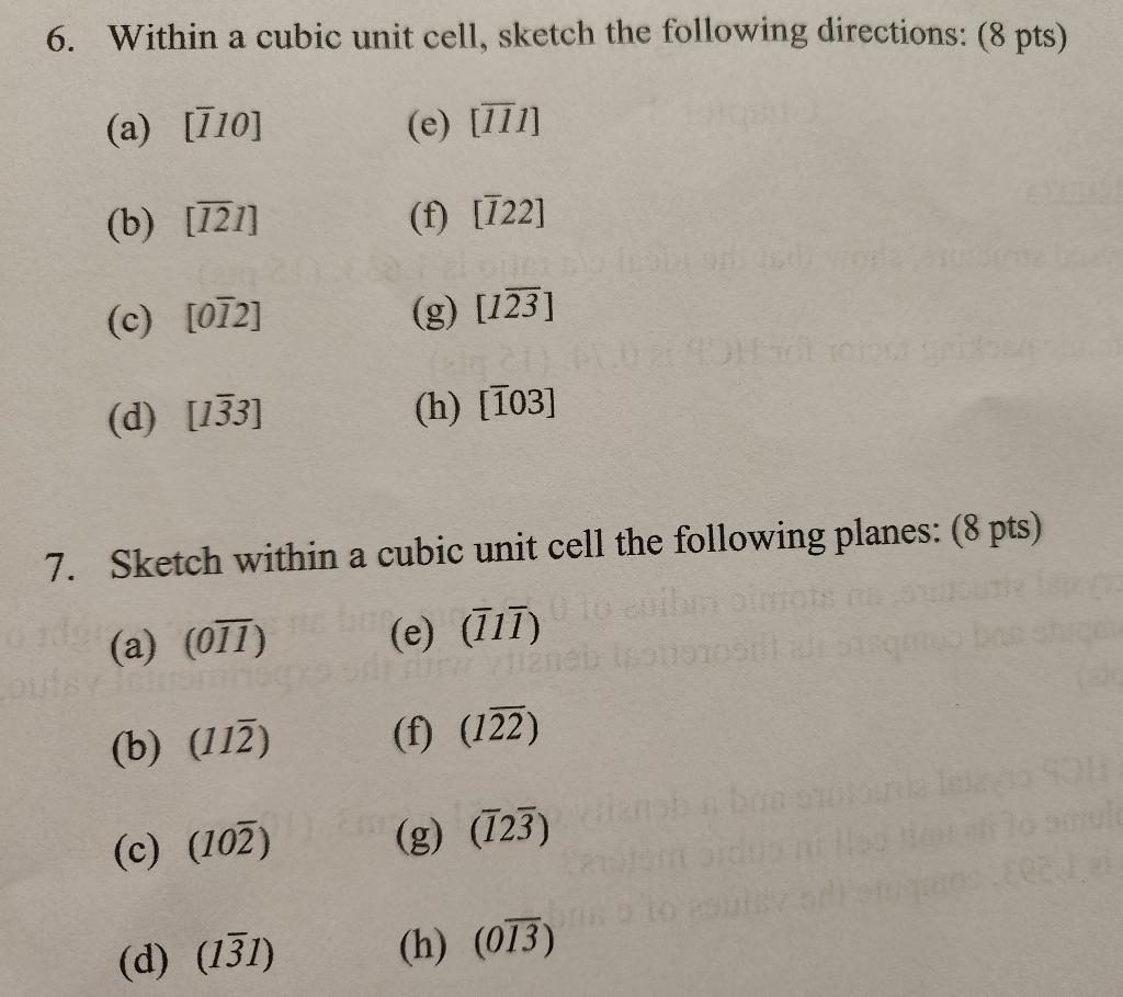 Solved 6. Within a cubic unit cell, sketch the following | Chegg.com