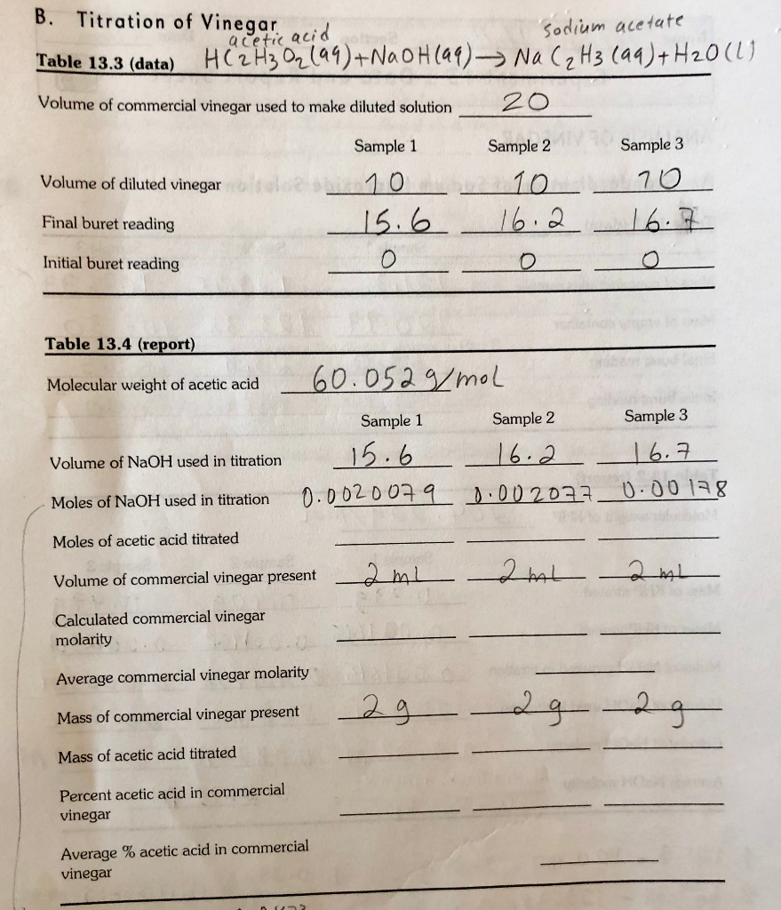 B. Titration of Vinegar Table 13.3 (data) Volume of | Chegg.com