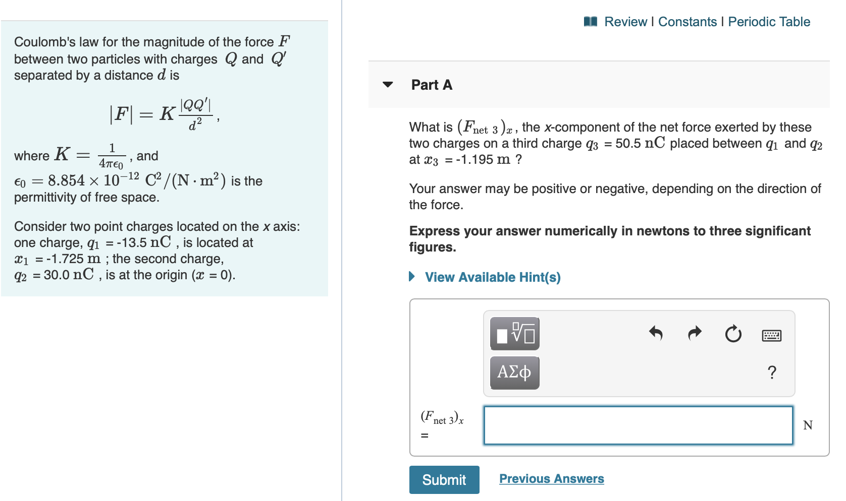 Solved 1 Review | Constants | Periodic Table Coulomb's law | Chegg.com