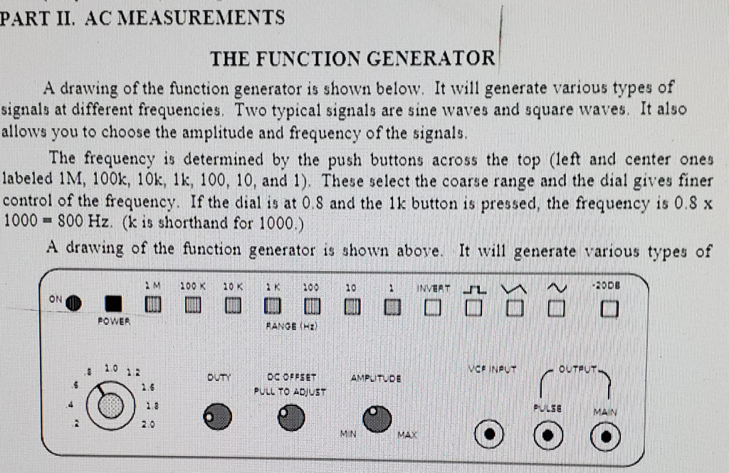 PART II. AC MEASUREMENTS THE FUNCTION GENERATOR A | Chegg.com