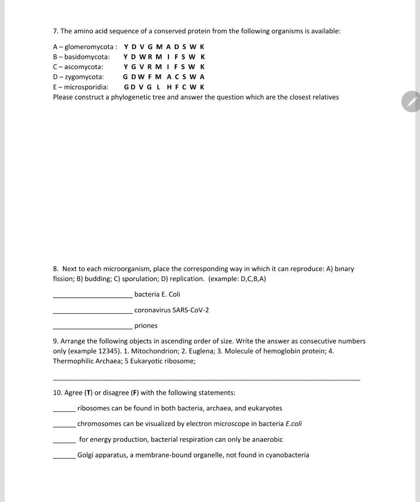 7. The amino acid sequence of a conserved protein | Chegg.com