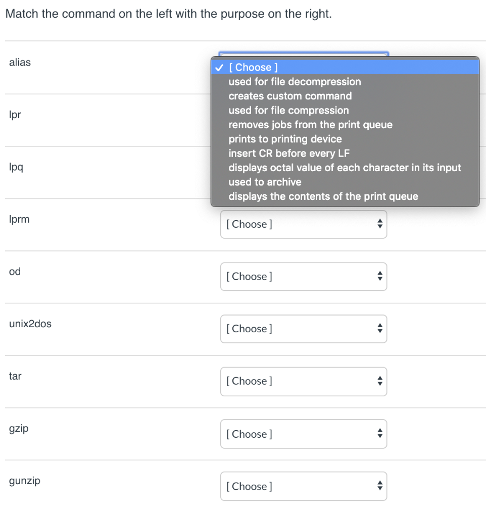Solved Match the command on the left with the purpose on the | Chegg.com