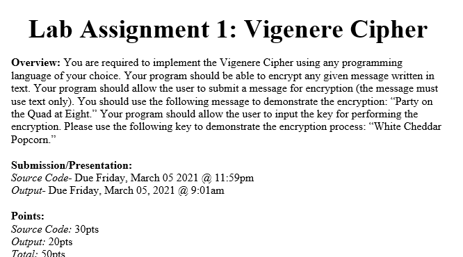 Solved Lab Assignment 1: Vigenere Cipher Overview: You are | Chegg.com
