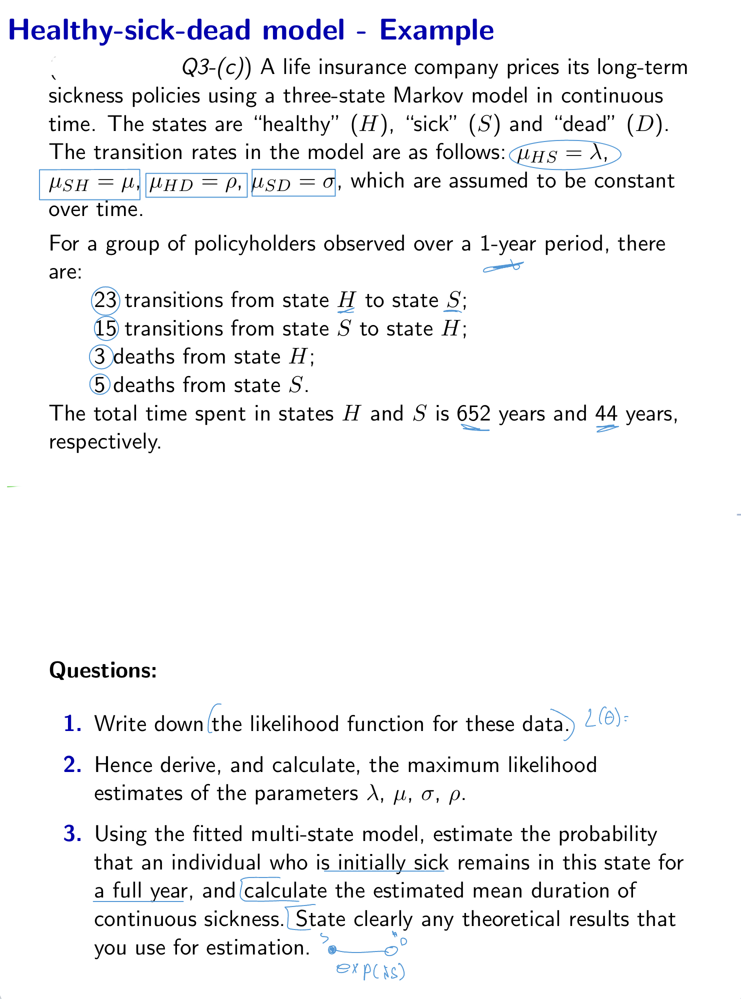 Healthy-sick-dead model - Example Q3-(c)) A life | Chegg.com