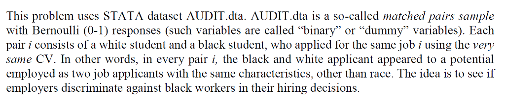 This problem uses STATA dataset AUDIT.dta. AUDIT.dta | Chegg.com