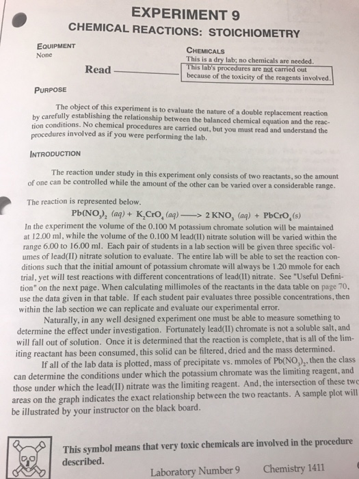 Solved EXPERIMENT 9 CHEMICAL REACTIONS: STOICHIOMETRY | Chegg.com