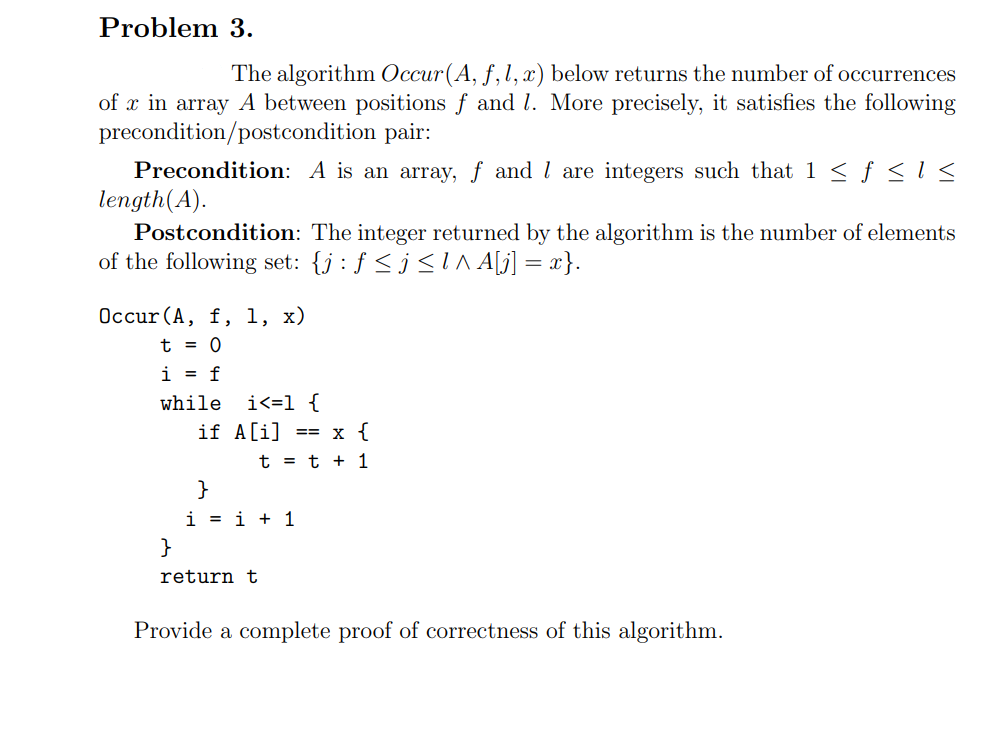 Solved The algorithm Occur(A, f, l, x) below returns the | Chegg.com