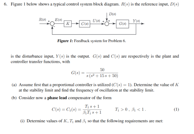 Solved 6. Figure 1 below shows a typical control system | Chegg.com