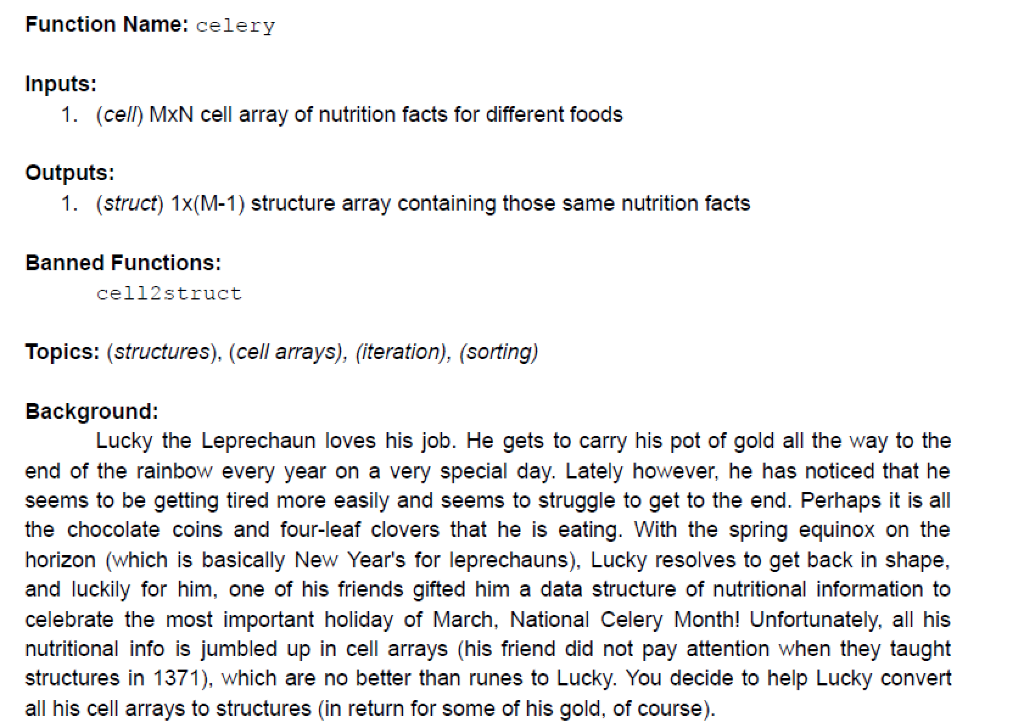 Solved Function Name: celery Inputs: 1. (cell) MxN cell | Chegg.com