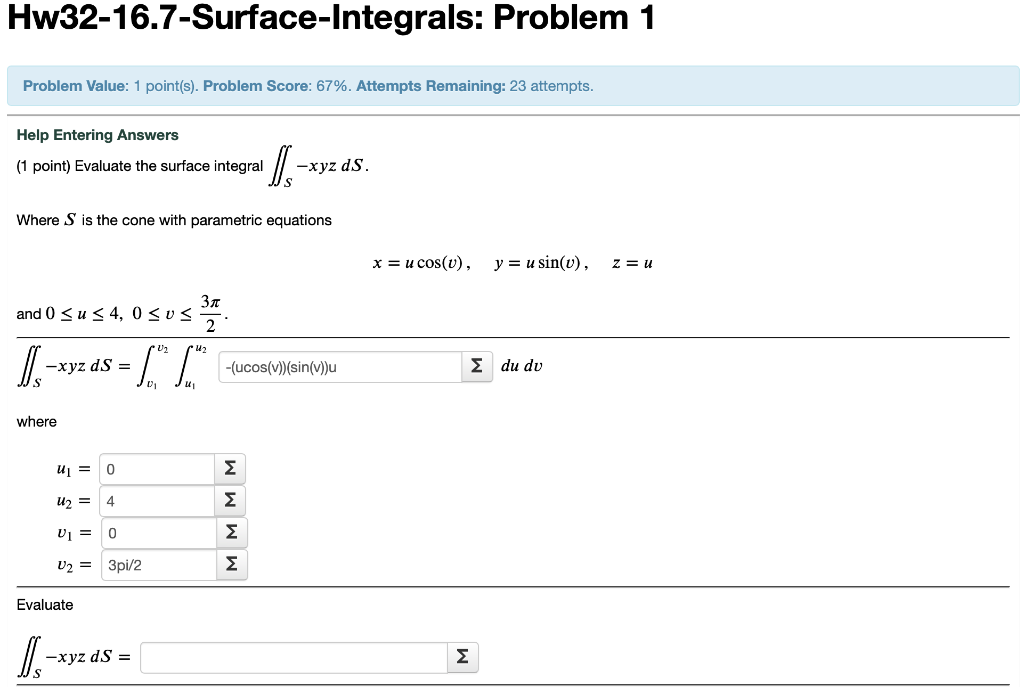 Solved Hw32-16.7-Surface-Integrals: Problem 1 Problem Value: | Chegg.com