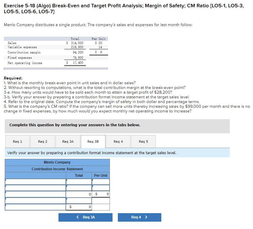 Solved Exercise 5-18 (Algo) Break-Even and Target Profit | Chegg.com