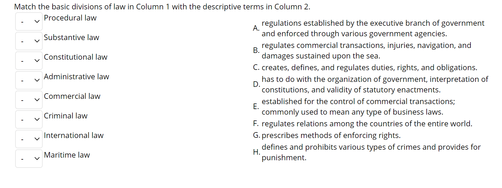 Solved Match the basic divisions of law in Column 1 with the | Chegg.com