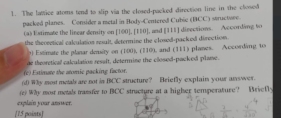 Solved 1. The lattice atoms tend to slip via the | Chegg.com