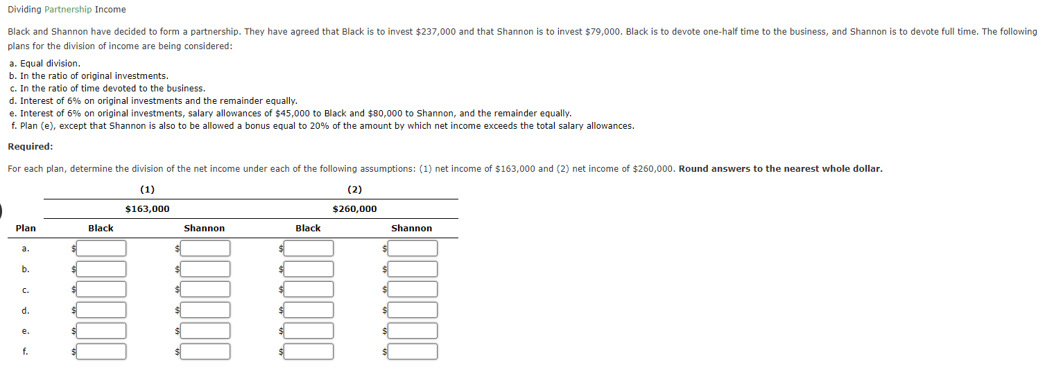 Solved Dividing Partnership Incomeplans for the division of | Chegg.com