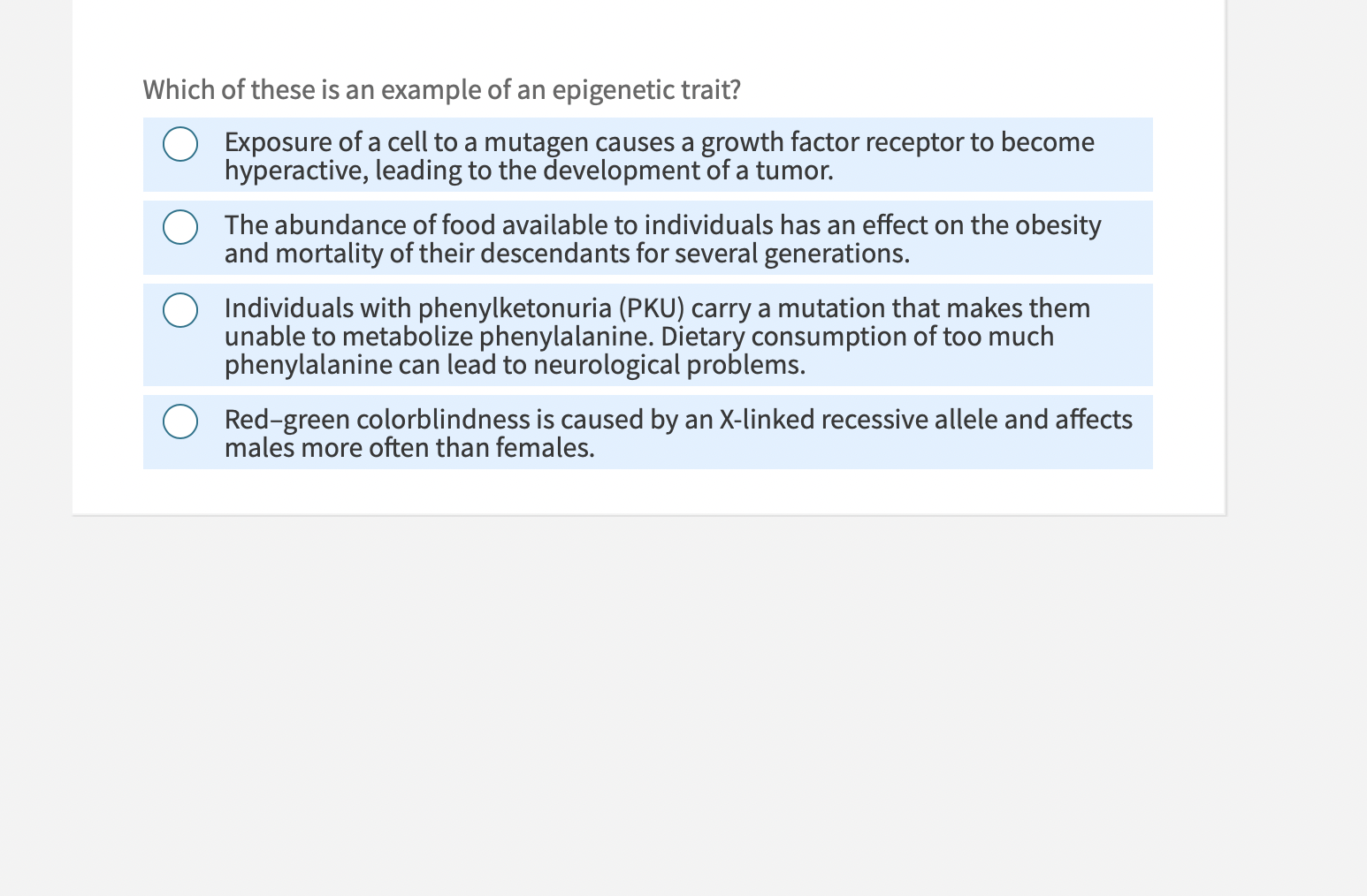 Solved Which of these is an example of an epigenetic | Chegg.com