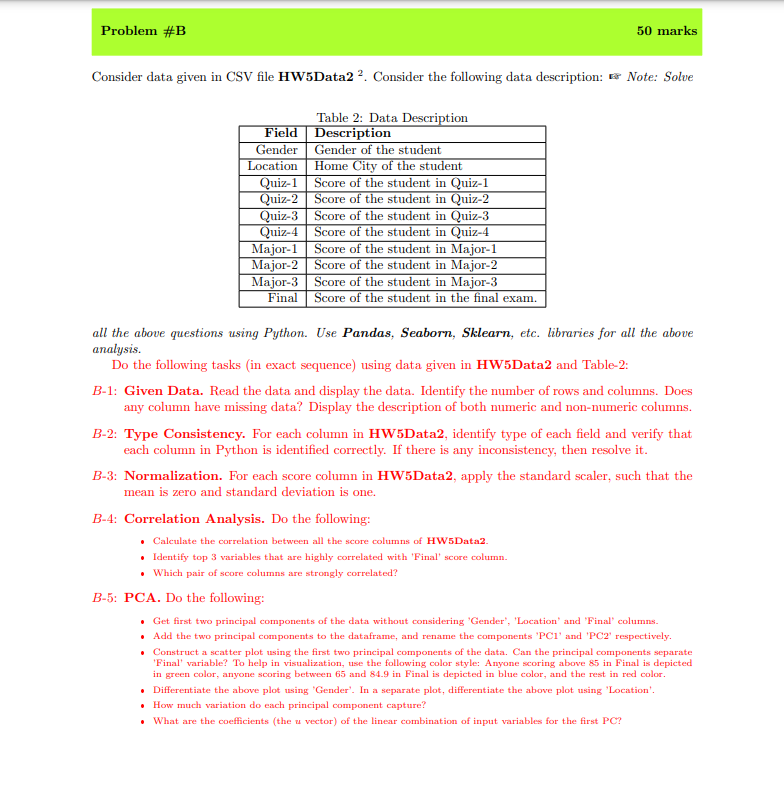 Solved Problem #B 50 marks Consider data given in CSV file | Chegg.com