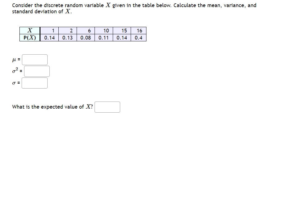 Solved Consider the discrete random variable X given in the | Chegg.com