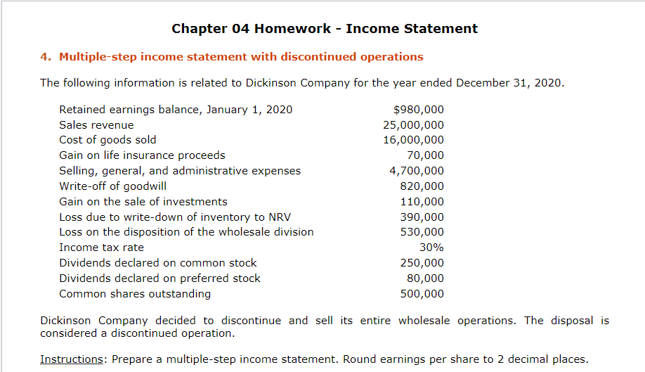 Solved Chapter 04 Homework - Income Statement 4. | Chegg.com