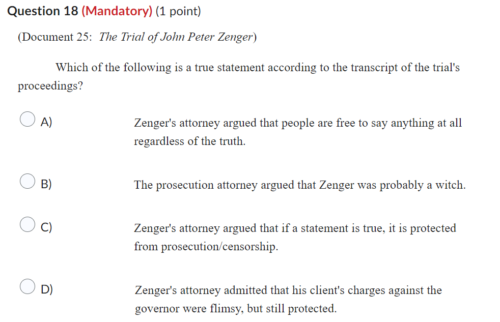 (Document 25: The Trial of John Peter Zenger) Which | Chegg.com