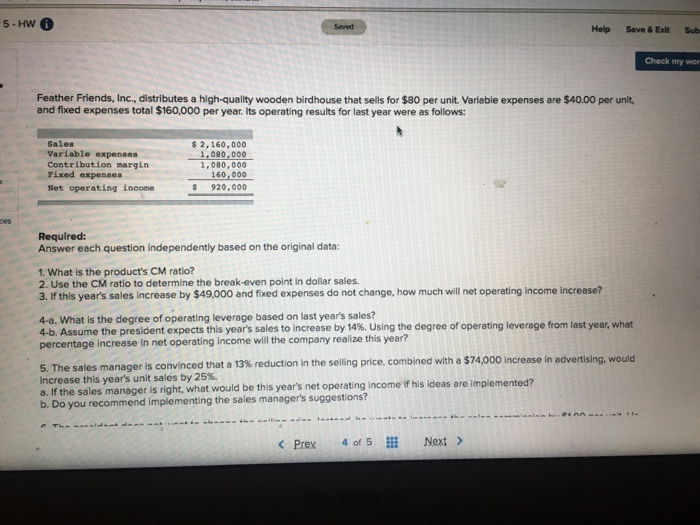 Solved 5-HW Help Save& Exit Sub Check my wor Feather | Chegg.com