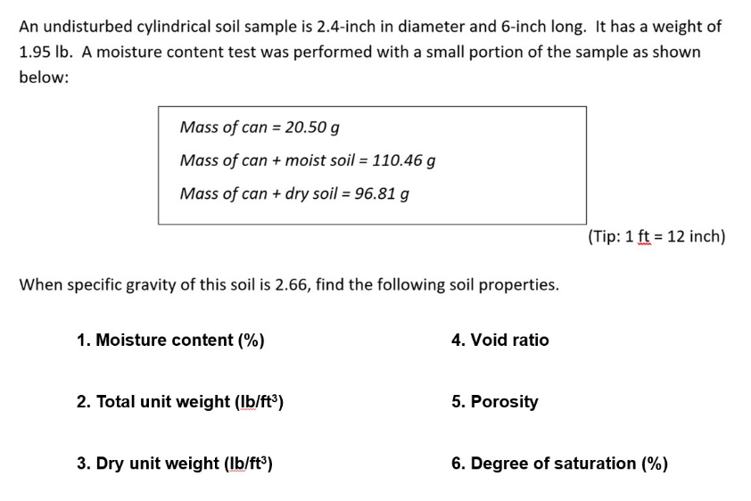 Solved An undisturbed cylindrical soil sample is 2.4-inch in | Chegg.com