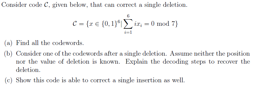 Solved Consider code \\( \\mathcal{C} \\), given below, that | Chegg.com
