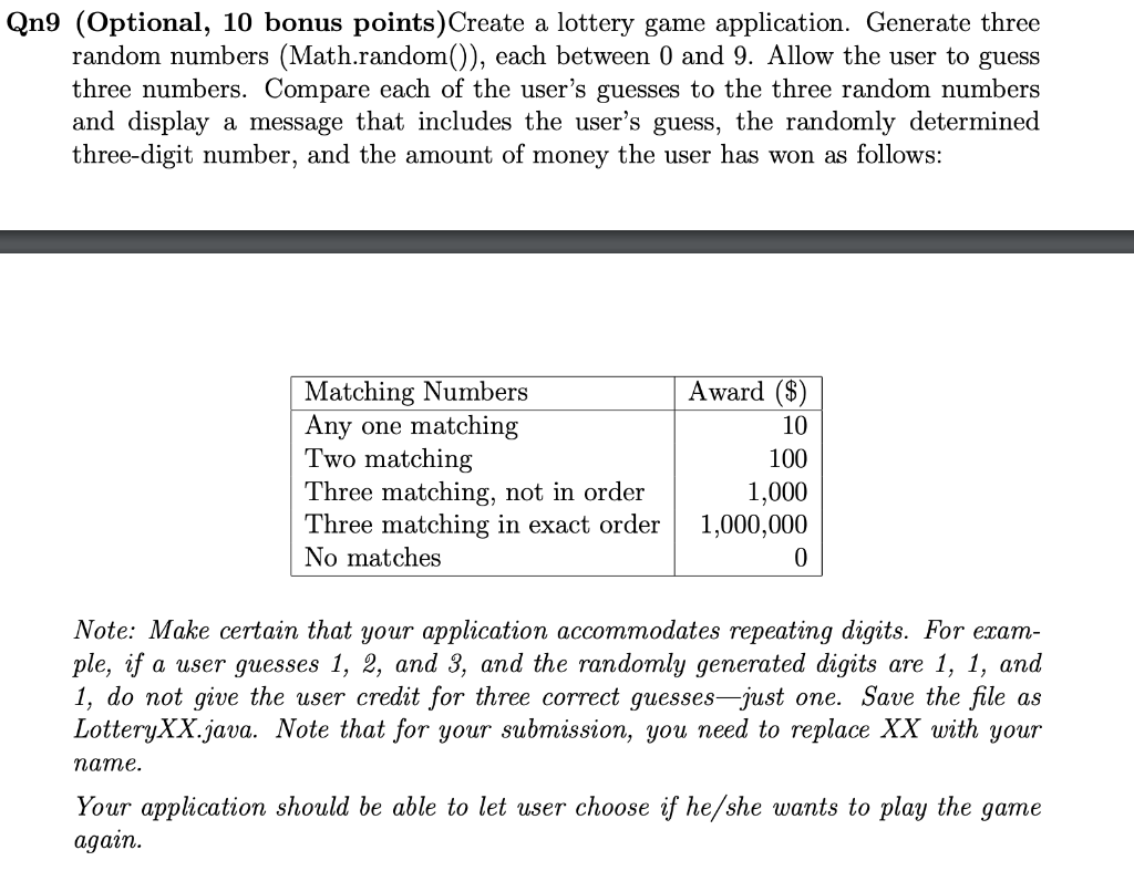 Solved Qn9 (Optional, 10 bonus points)Create a lottery game | Chegg.com