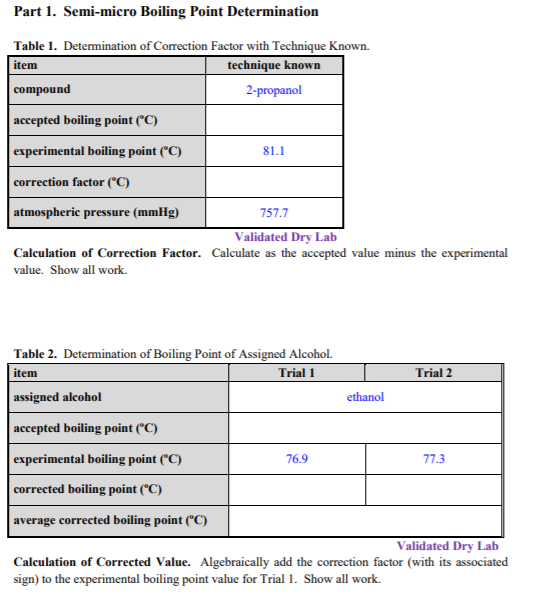 Part 1. Semi-micro Boiling Point Determination Table | Chegg.com