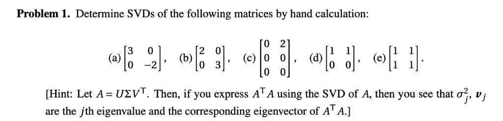 Solved Problem 1. Determine SVDs of the following matrices | Chegg.com