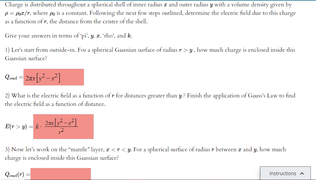 Solved Charge is distributed throughout a spherical shell of | Chegg.com