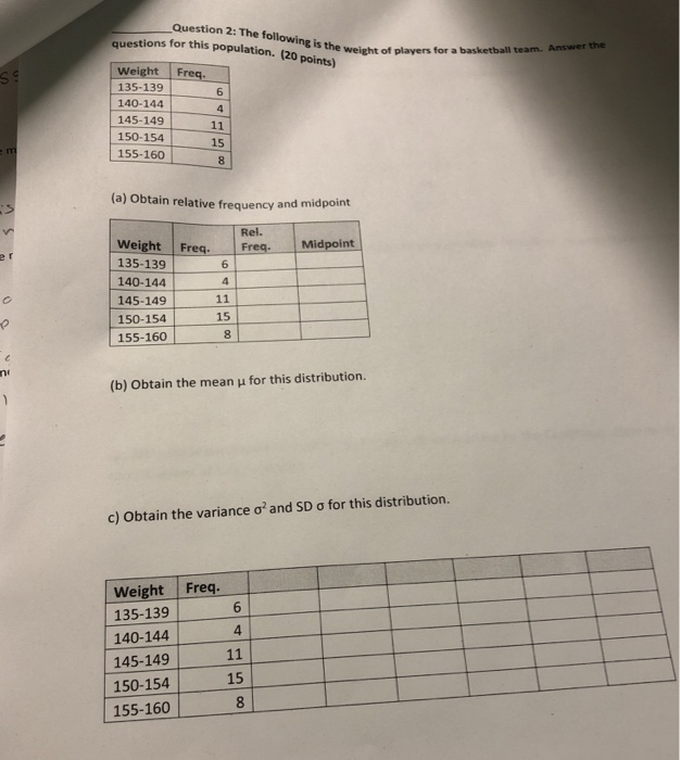 Solved Question 2: The following is the weight questions for | Chegg.com