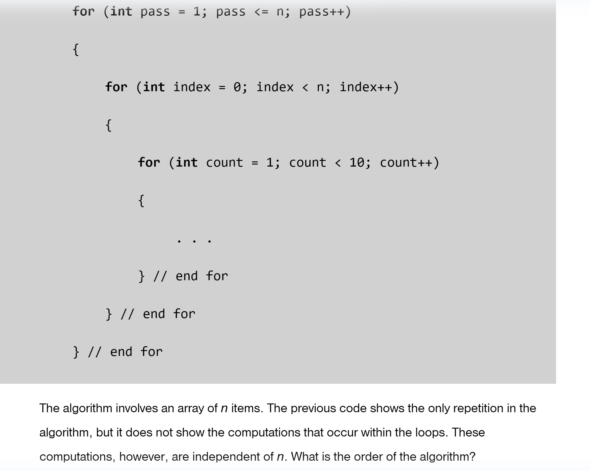 Solved int sum=θ; for (int counter =n; counter >0; counter = | Chegg.com