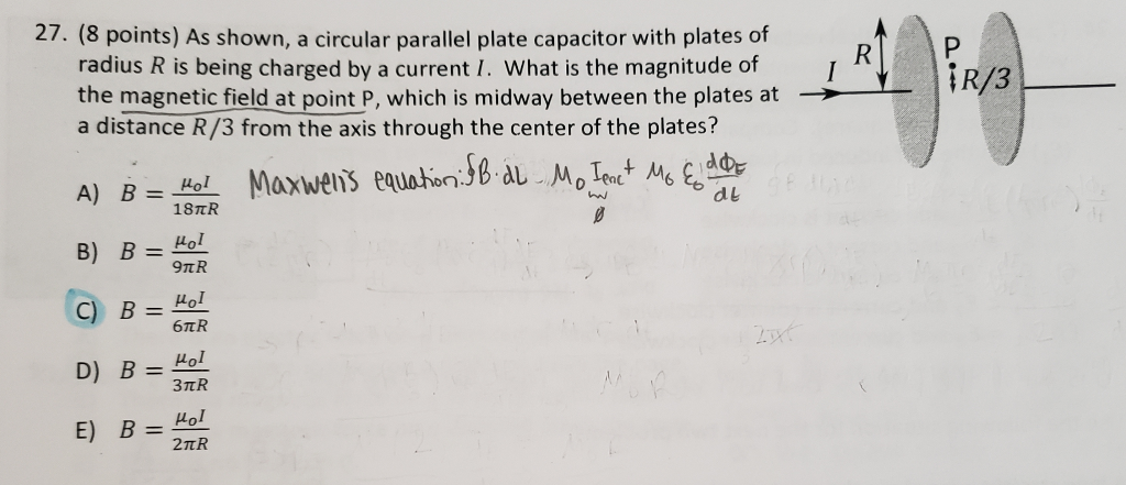 Solved R Р R/3 27. (8 points) As shown, a circular parallel | Chegg.com