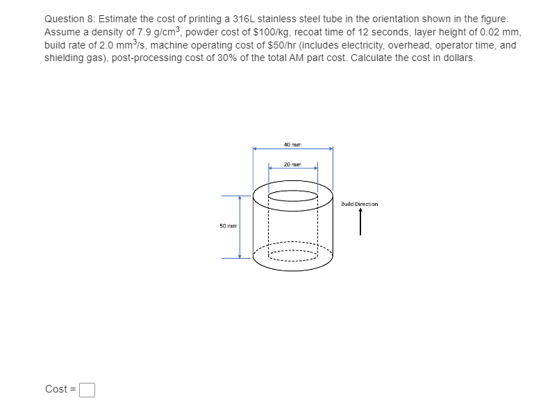 Solved Question 8: Estimate the cost of printing a 316L | Chegg.com