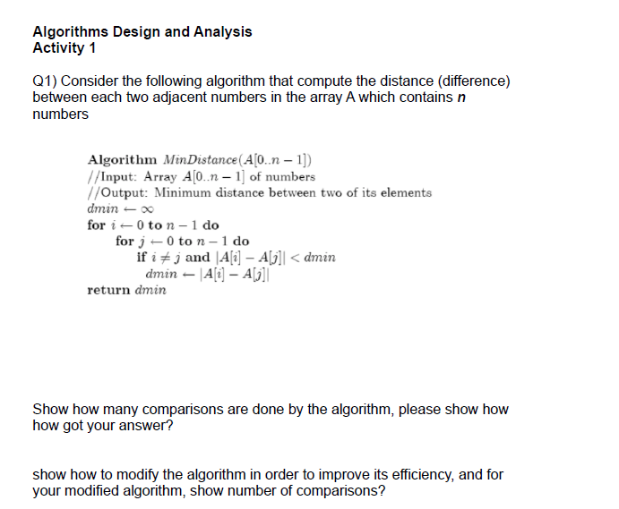 Solved Algorithms Design and Analysis Activity 1 Q1) | Chegg.com
