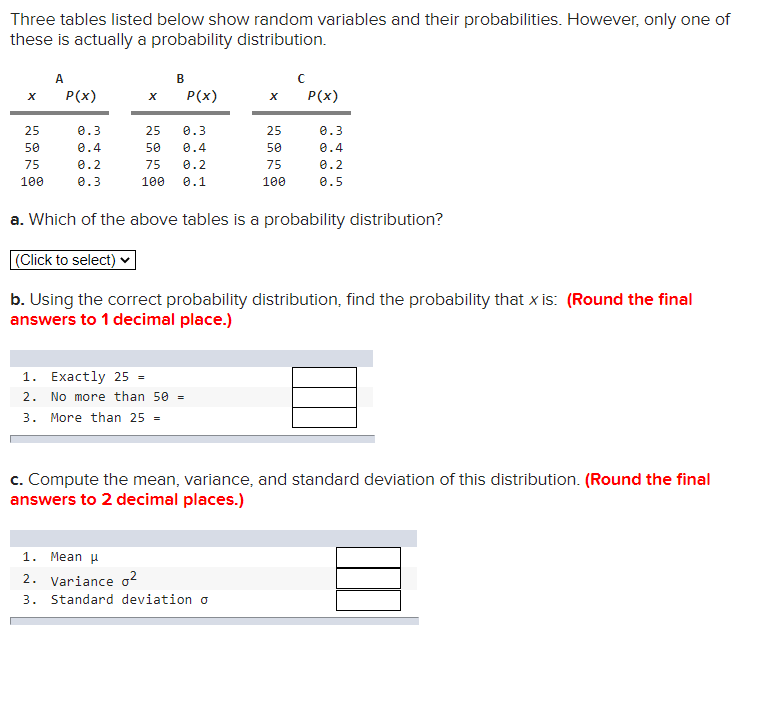 Solved Three tables listed below show random variables and | Chegg.com